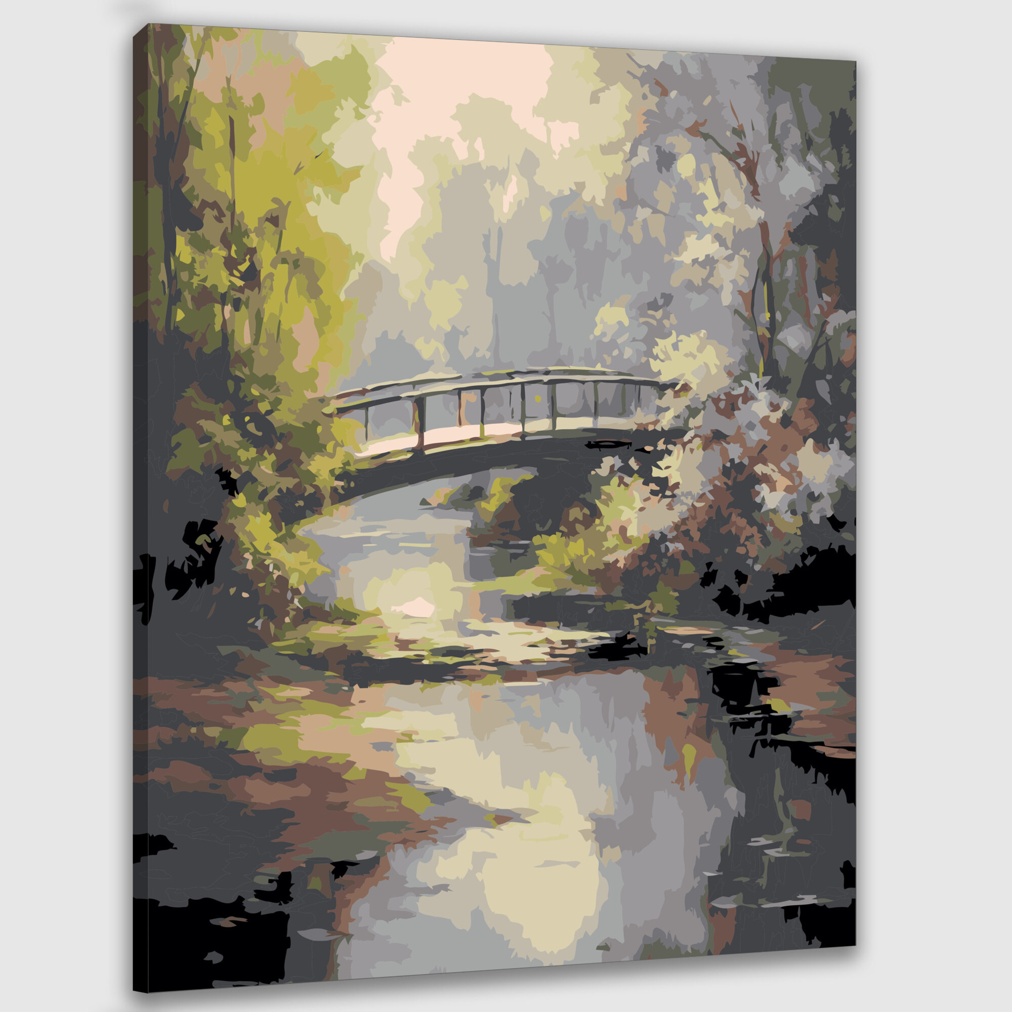 Картина по номерам 40x50 см, картина, масло, деревенский мост, дерево, река, зелень, цветы, свет, солнце, деревья