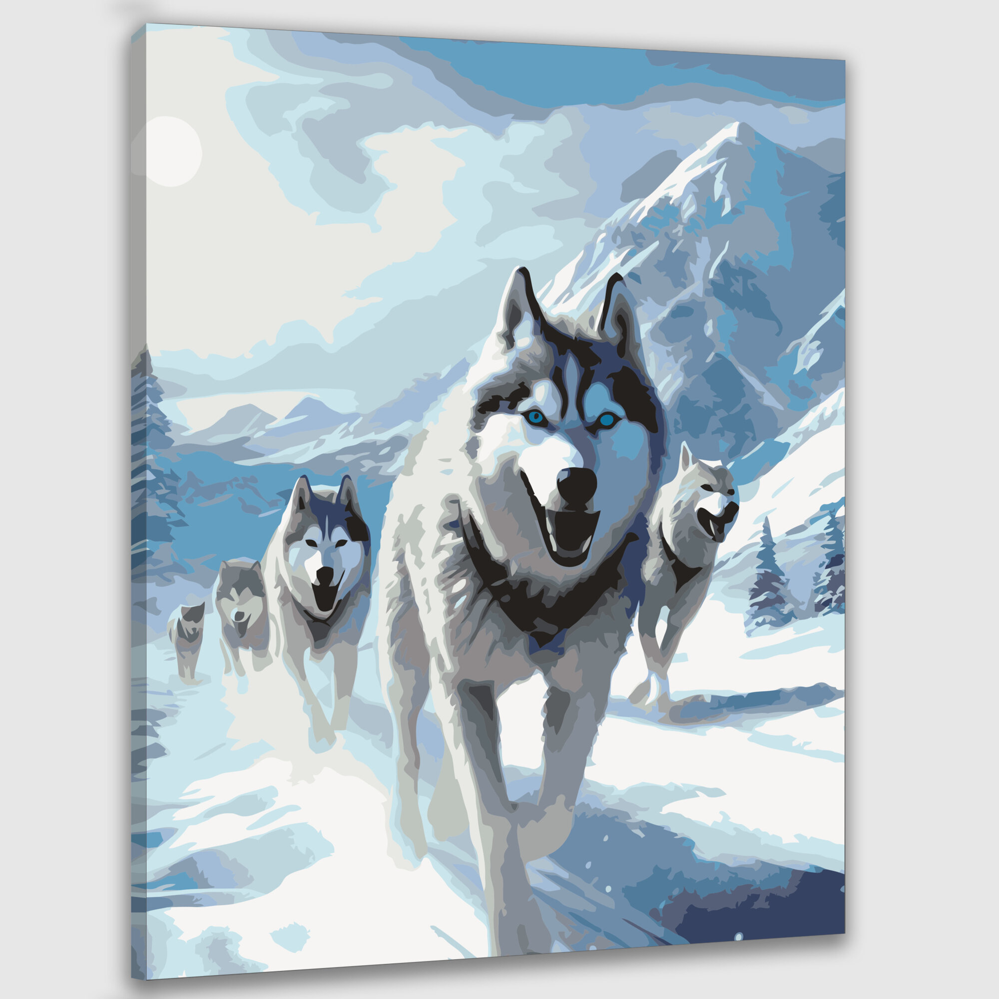 Картина по номерам 40x50 см, картина, команда хаски, сани, заснеженный ландшафт, след из пыли, горы, голубое небо, сила