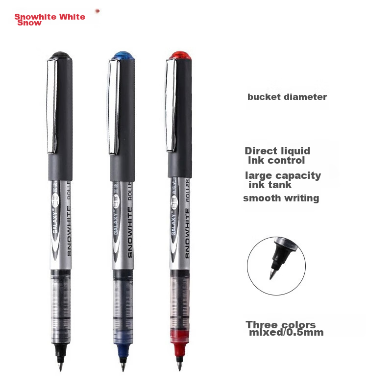 Snowhite PVR-155 Direct Liquid Rollerball Pen Mixed Colors： 8 Black, 2 Blue, 2 Red Student Bullet Tip Pen Giant Writing Signature Pen Exam Pen 0.5mm 12 Pens/box