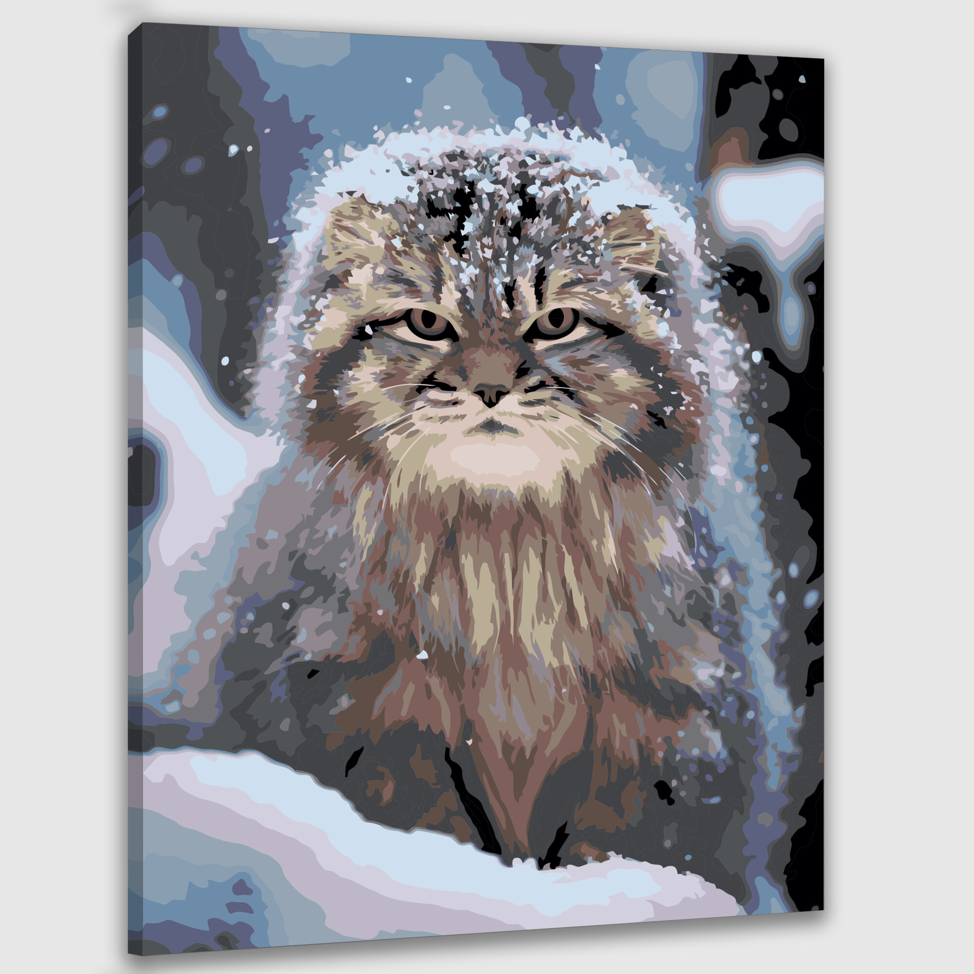 Картина по номерам 40x50 см, манул, замаскированный, заснеженные окрестности, адаптация, сибирская ночь, прыжок