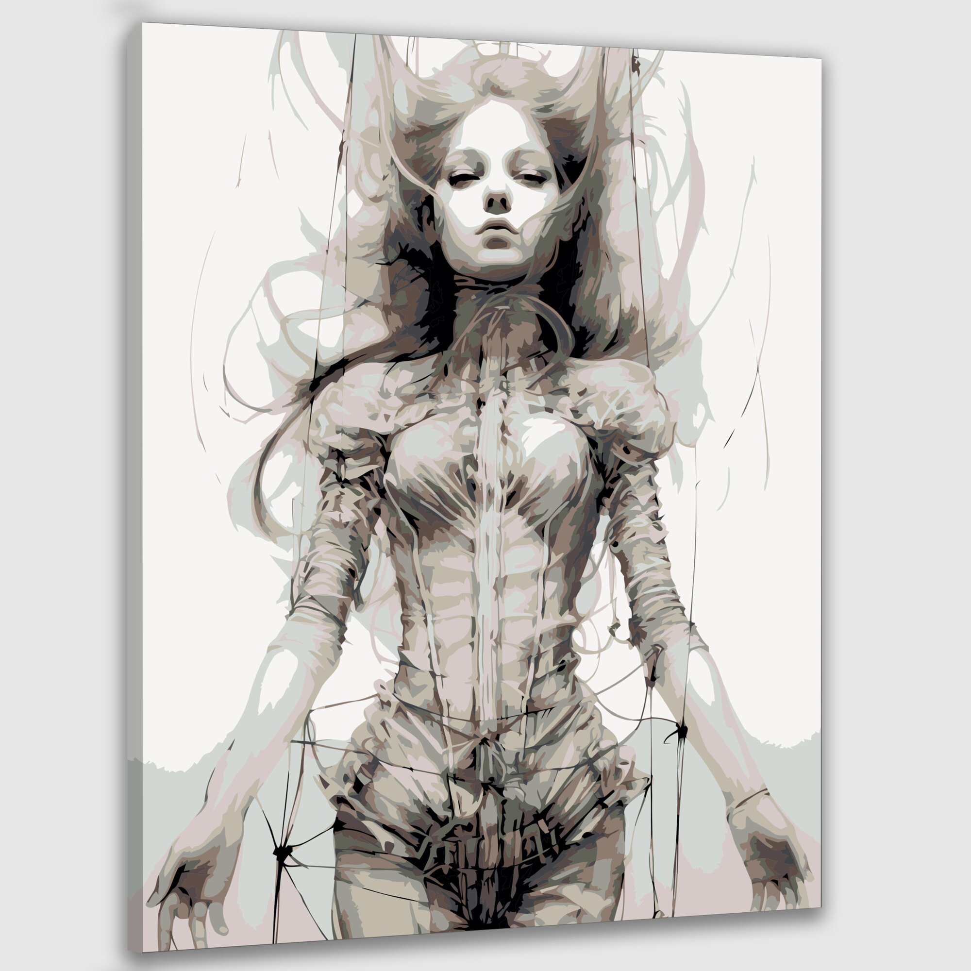 Картина по номерам 40x50 см, карандашный набросок, кукла на веревочках, невидимые руки, пленение и манипулировани