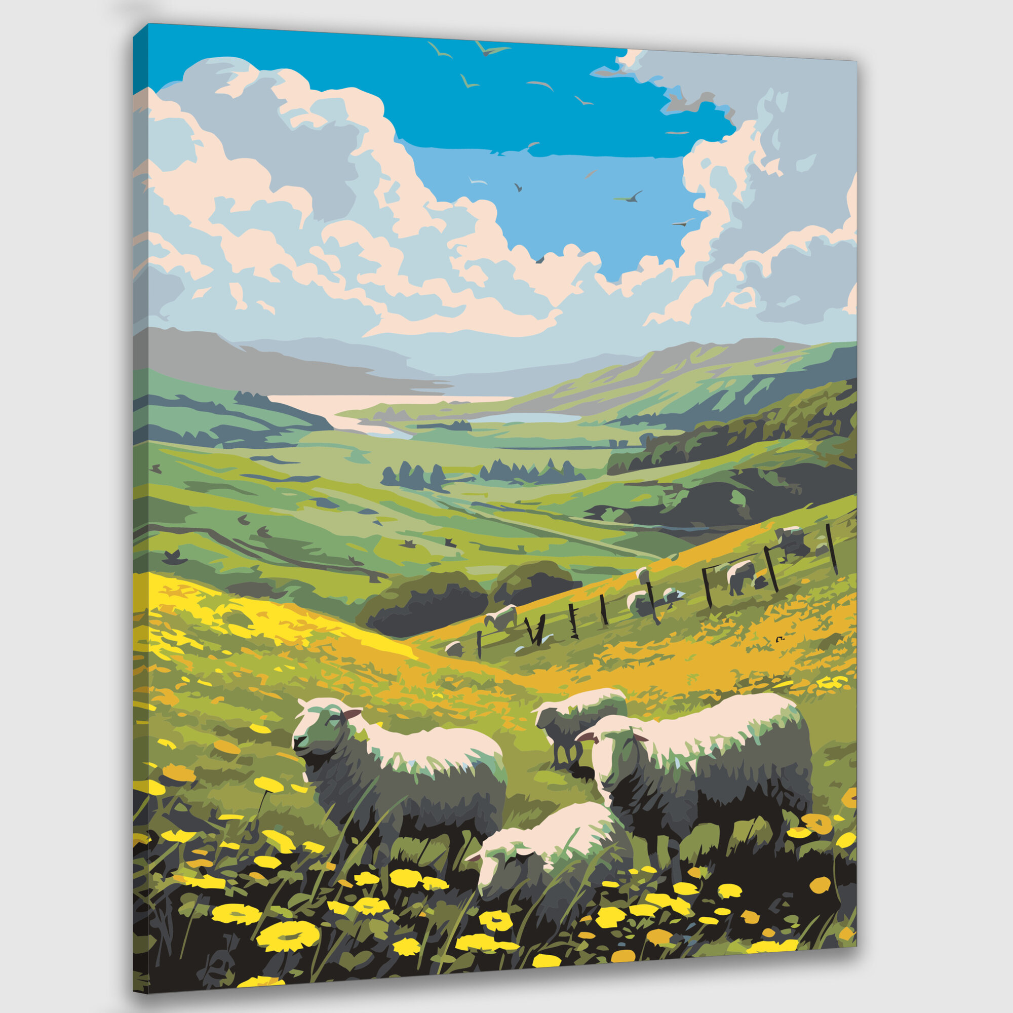 Картина по номерам 40x50 см, цифровое произведение иск, пейзаж, холмы, овцы, яркие цвета, замысловатые детали, глубина