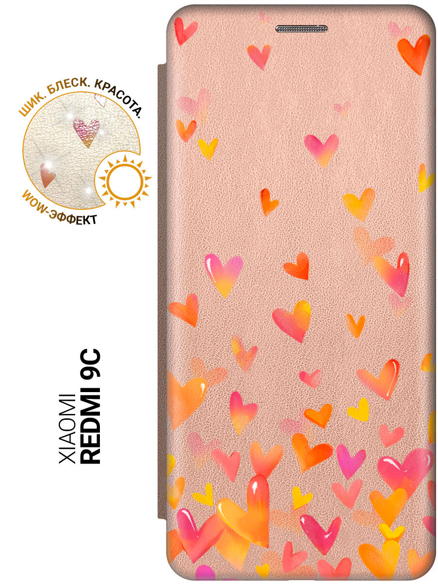 Чехол-книжка на Xiaomi Redmi 9C, Сяоми Редми 9С с 3D принтом "Flying Hearts" золотистый