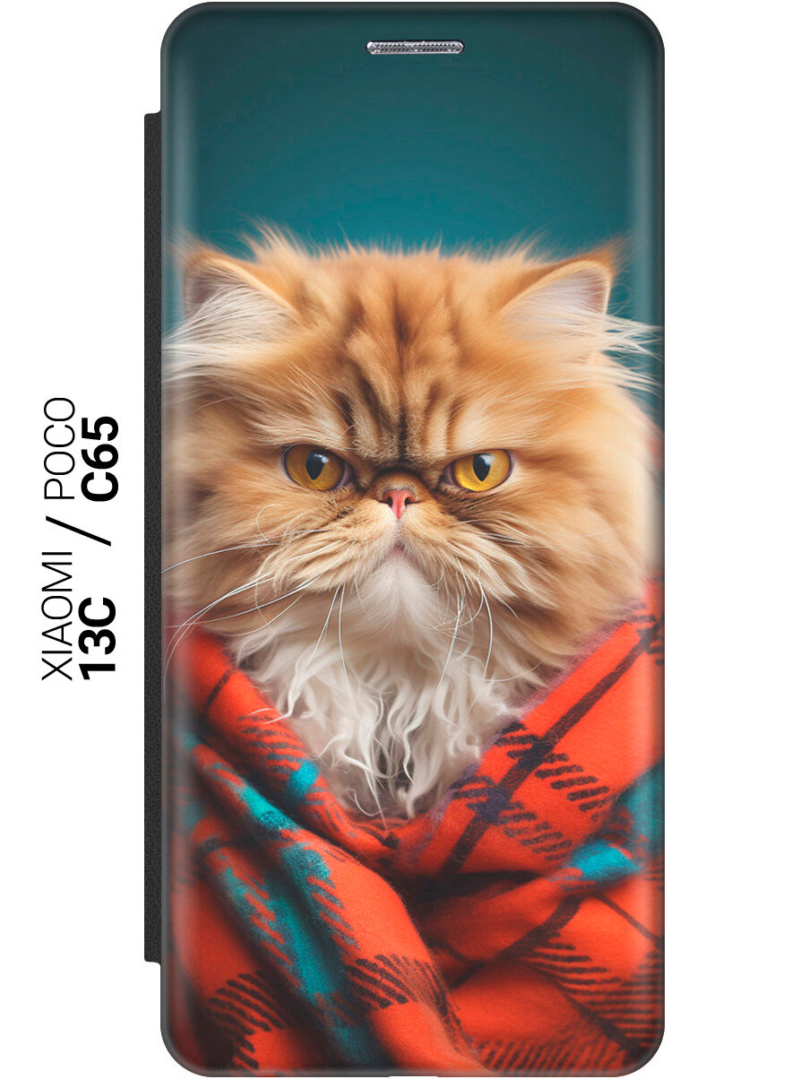 Чехол-книжка на Xiaomi Redmi 13C / Poco C65 / Сяоми Редми 13С / Поко С65 с рисунком "Недовольный котик" черный