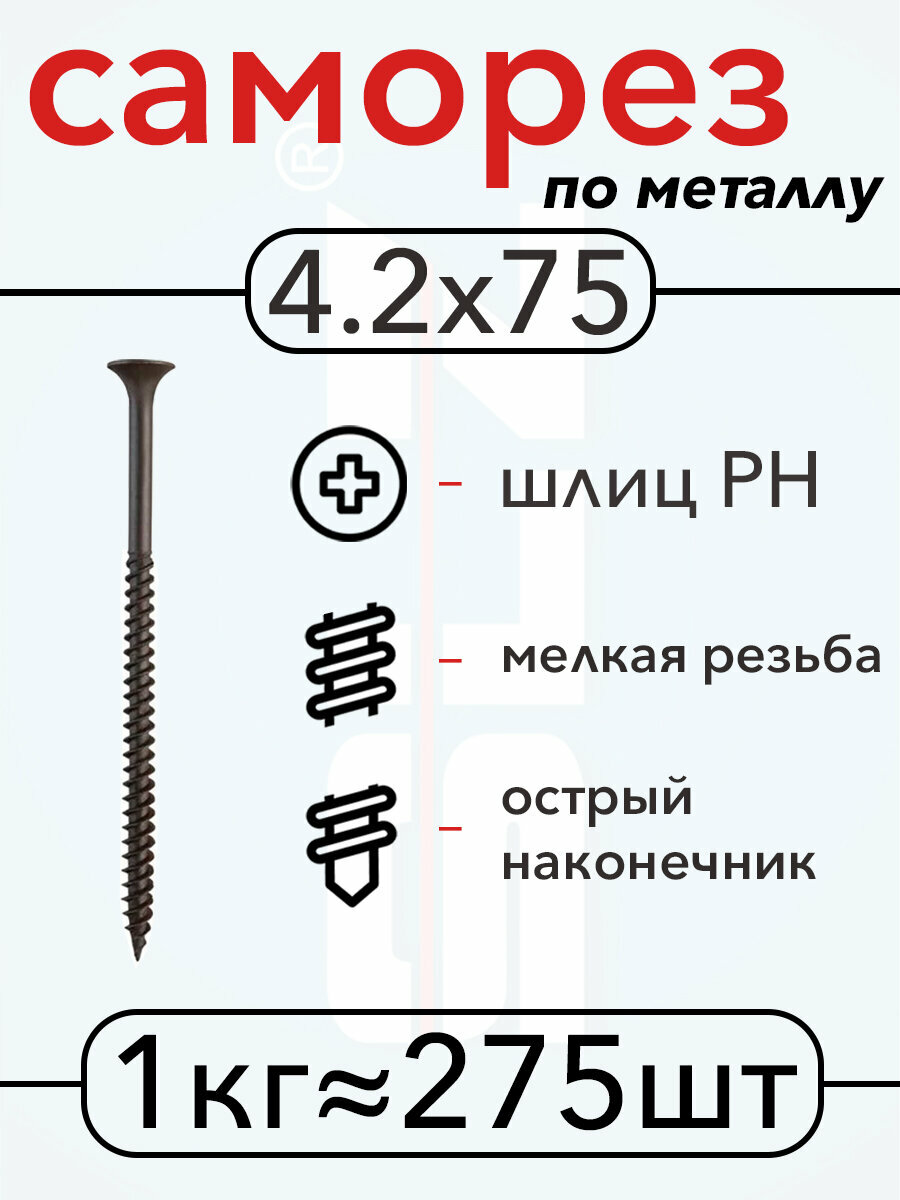 Саморезы по металлу SLZ 4.2х75 (1кг 275 шт.) черный мелкая резьба, гипсокартон-металл, ГКЛ