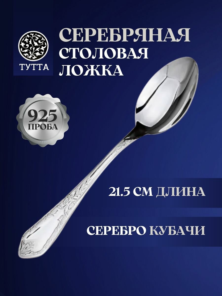 Тутта Серебряная столовая ложка 925 проба, ложка из серебра кубачи в подарочном футляре
