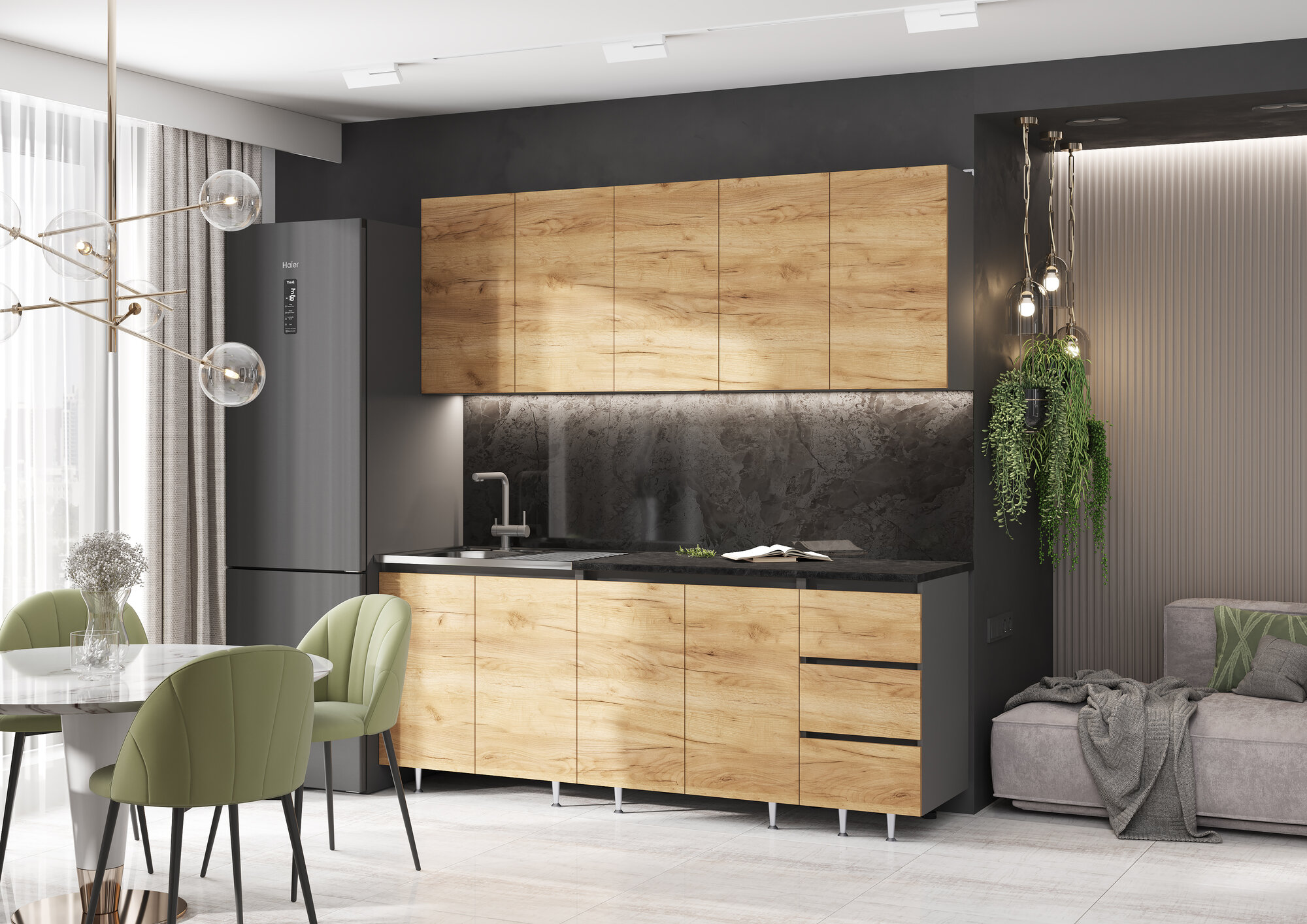 Кухня Челси 2,0м (Дуб Крафт/Графит (Кастилло)) (Миф)