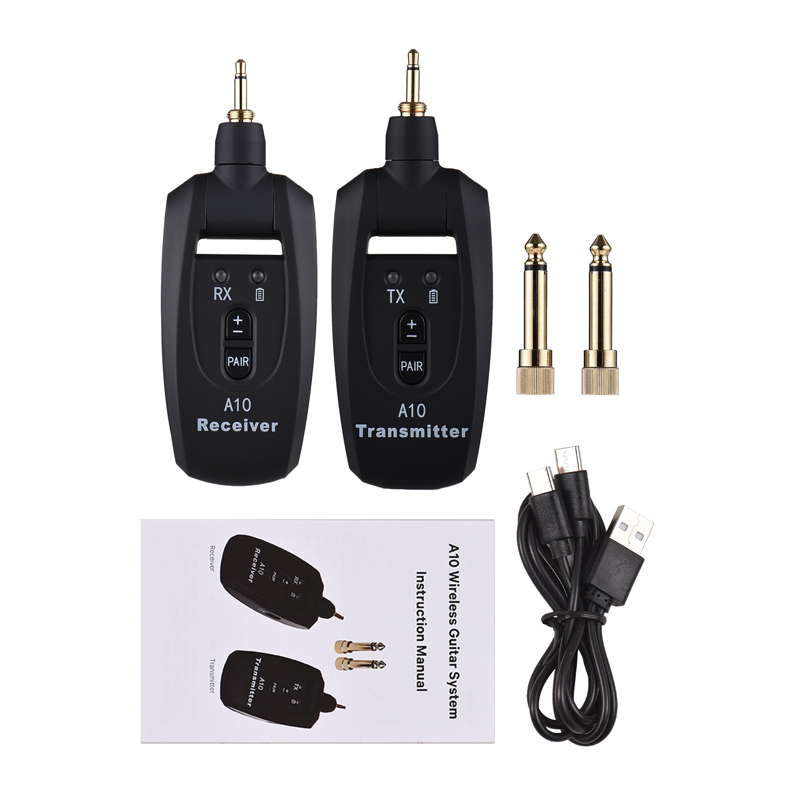 Wireless Guitar System Real-time Transmission 2.4G Ultra-low Latency Transmitter Receiver Set for Electric Bass Wind Instruments Rechargeable 280 Degree Rotatable Plug with 2 6.35mm Adapter