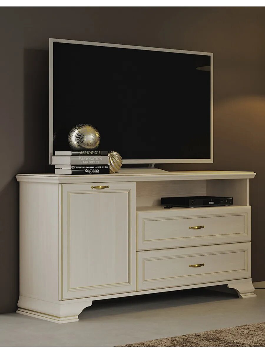 Тумба под телевизор напольная СиенаТВ с ящиками, с полками, 130х38х65 см, Бодега белый, патина золото