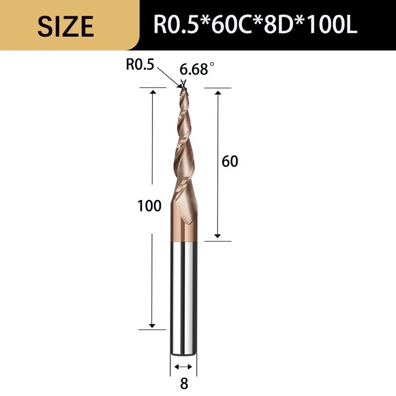 Vsharp Коническая сферическая фреза 6 мм 2-х канальная для 3D резки по дереву R0.5x60Cx8Dx100L