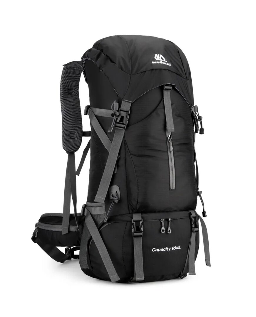 Большой трекинговый рюкзак Weikani для путешествий, походов, кемпинга 70 литров с дождевиком цвет черный