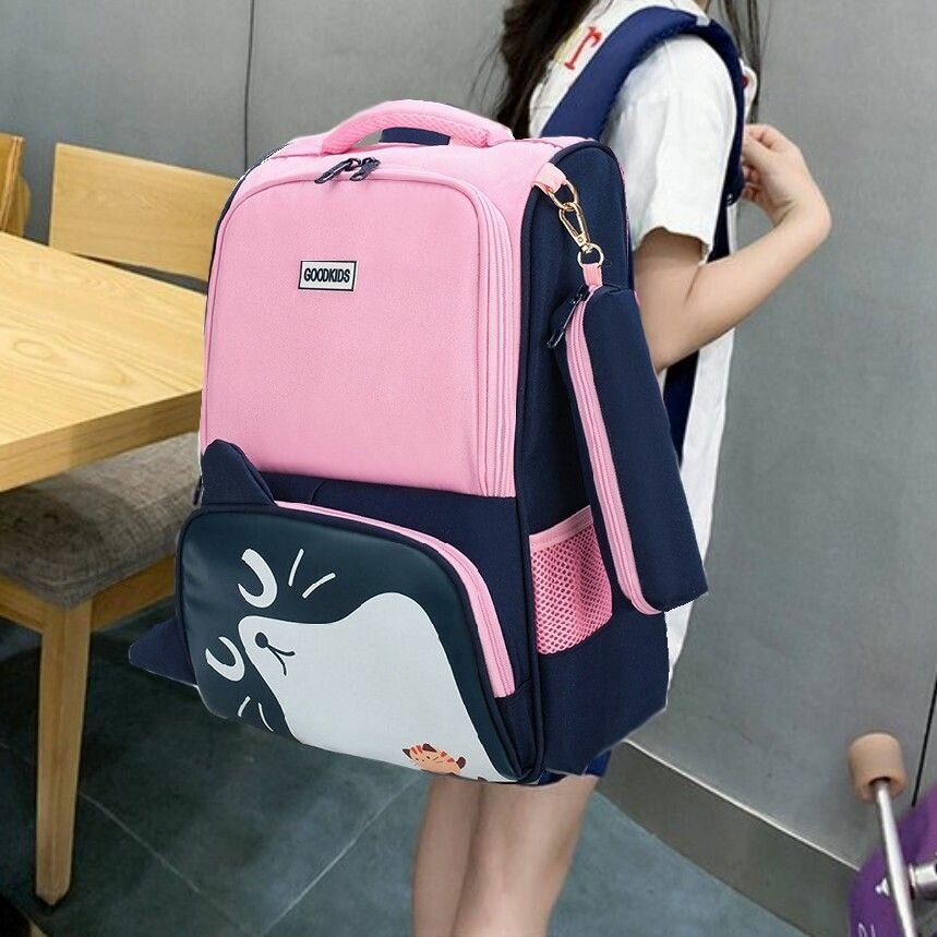 Рюкзак ранец школьный для девочки с анатомической спинкой Котик Goodkids сине-розовый, с пеналом
