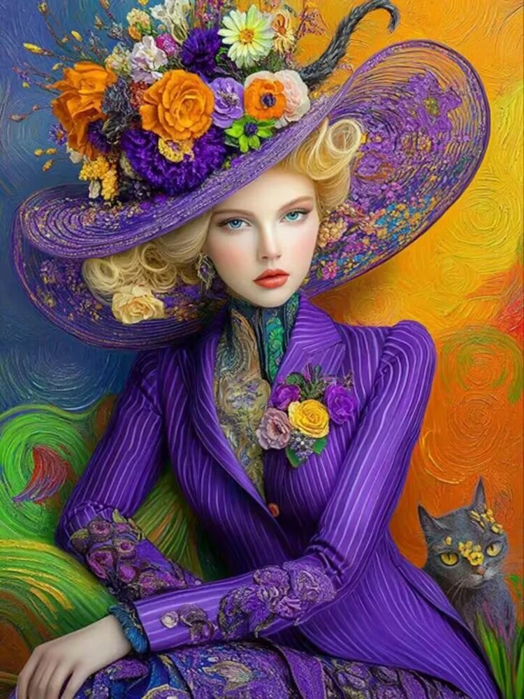 Алмазная картина "Красочная большая шляпа женщина кошка" алмазная огранка 40х50 см,40X50CM, белый