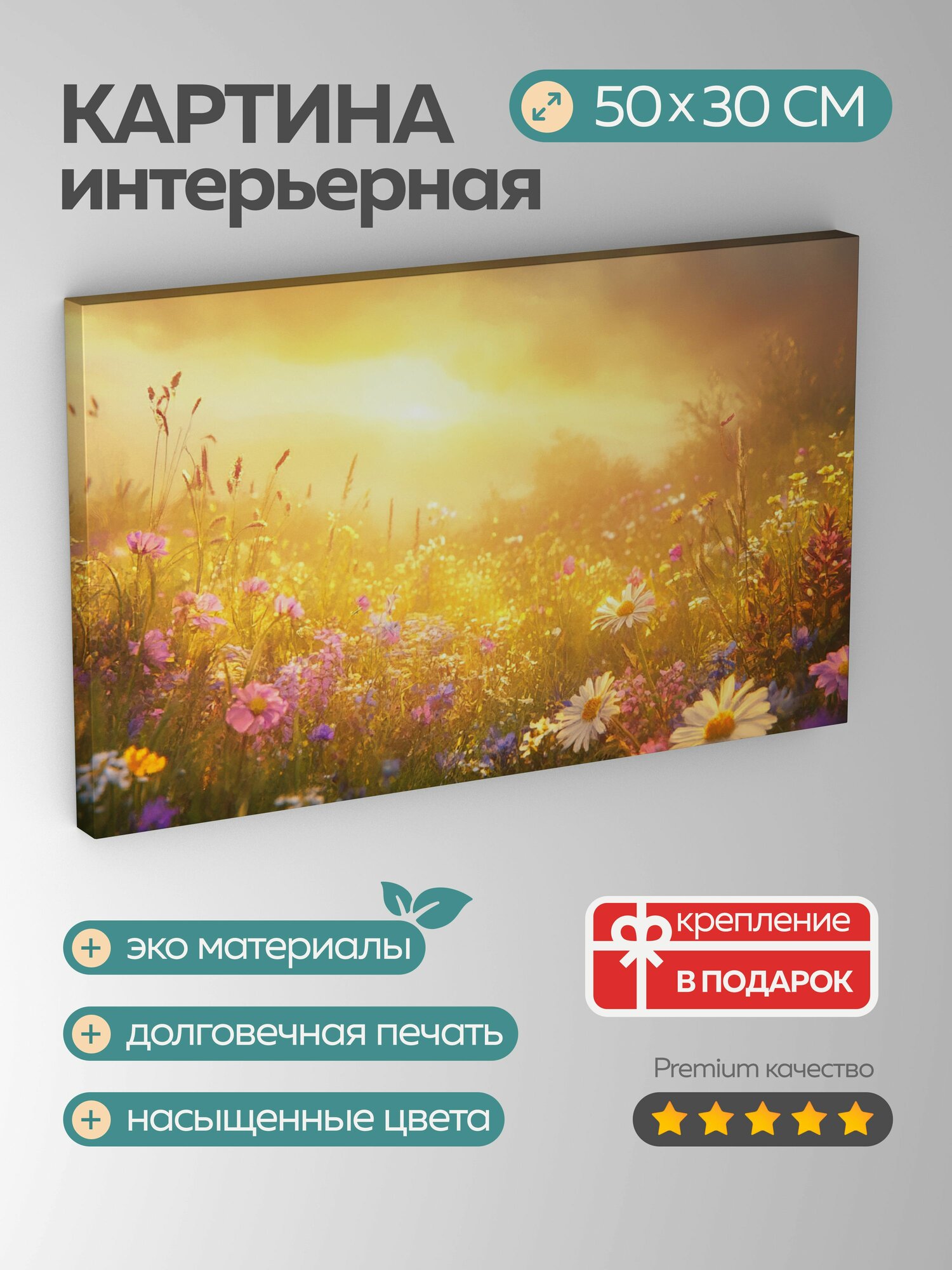 Картина на холсте интерьерная 50х30 см, восход, солнце, луг, полевые цветы, золотистый свет, обновление, вдохновение