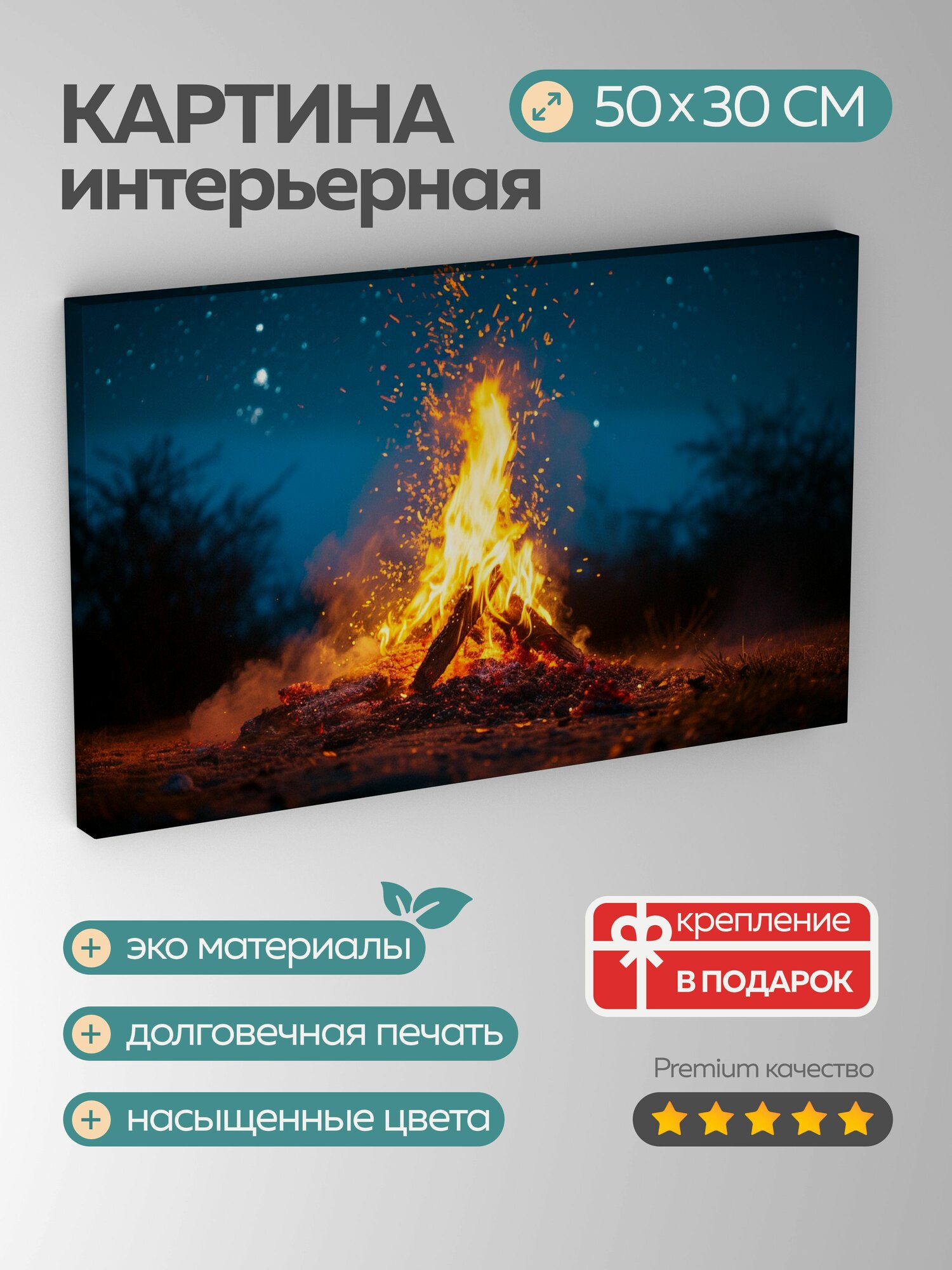 Картина на холсте интерьерная 50х30 см, фотография, пылающий костер, звездная ночь, сияющее пламя, темнота