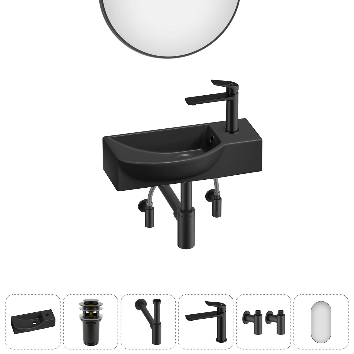 Подвесная или накладная раковина в ванную комнату Lavinia Boho Bathroom Sink 20219648R в наборе 6 в 1: раковина 45 см в цвете матовый черный, донный клапан, сифон, смеситель, вентили, зеркало