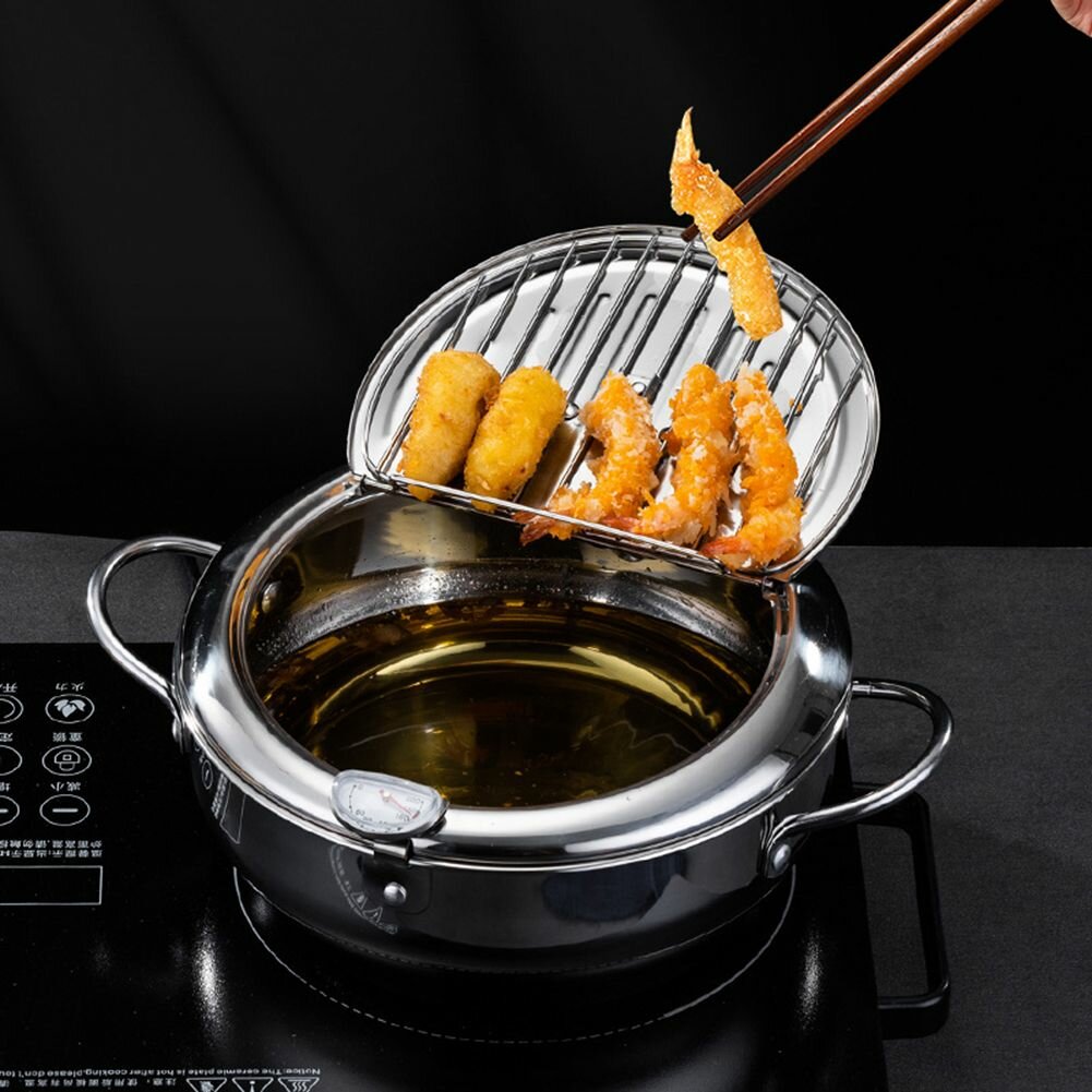Бытовая мини-фритюрница, фритюрница tempura, с устройством для слива масла и индикатором температуры, материал нержавеющая сталь, размер 21x14x13 см