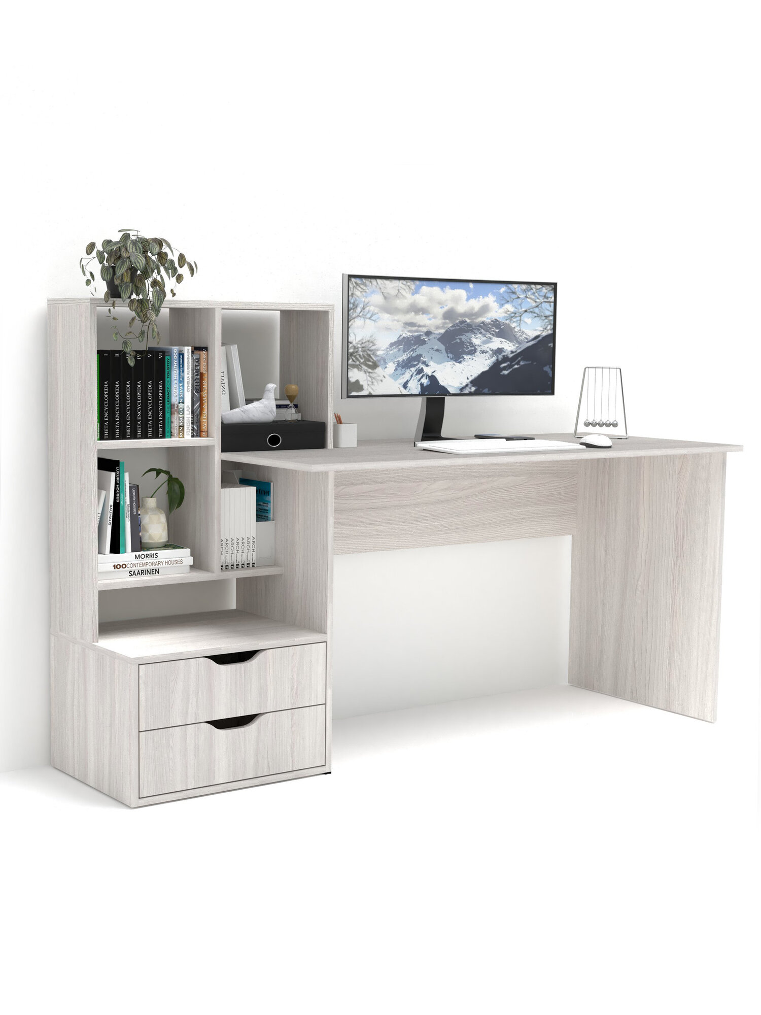 Есэндвич Лаворо 5 Письменный стол со стеллажом и ящиками 170х110х60 см левый (Ясень-шимо светлый)