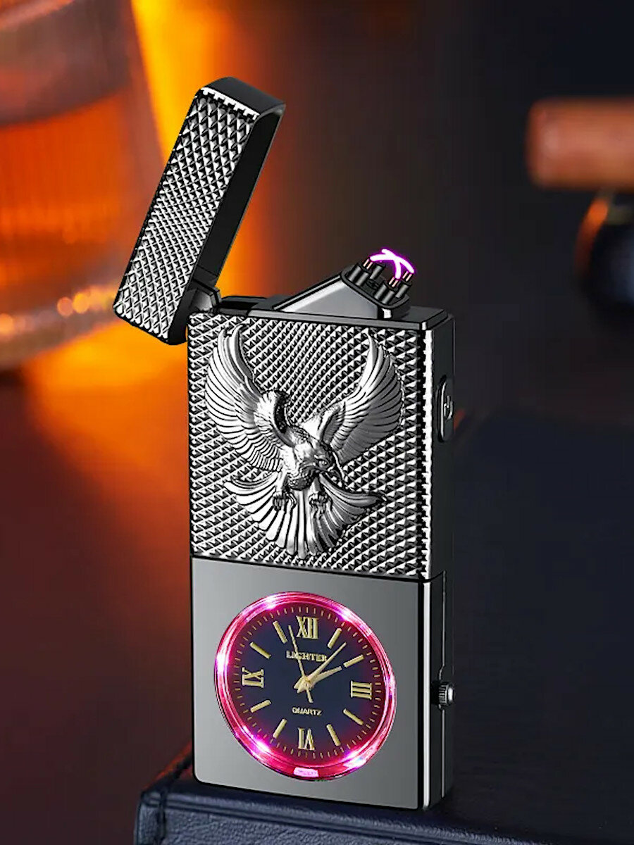 Электрозажигалка "Орел" с часами, графитовая