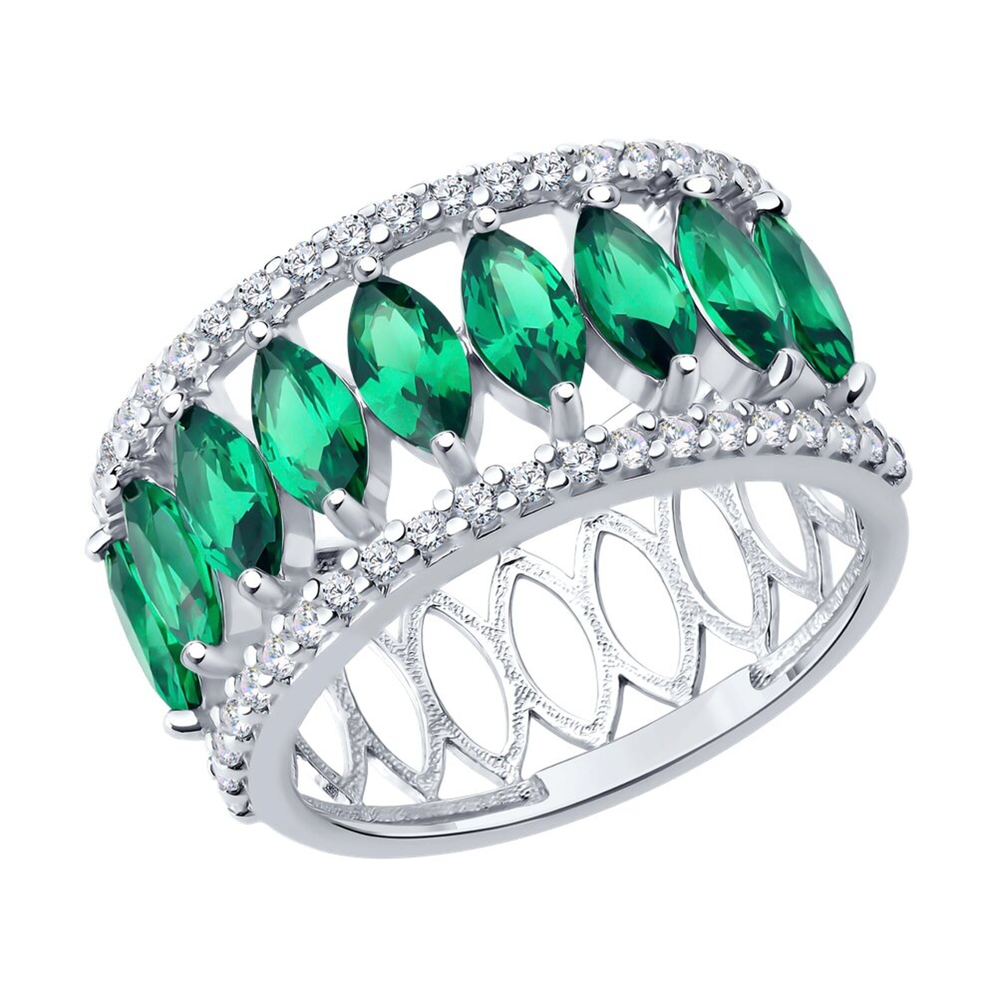 Кольцо широкое, дорожка, серебро, 925 проба, родирование, фианит, изумруд синтетический