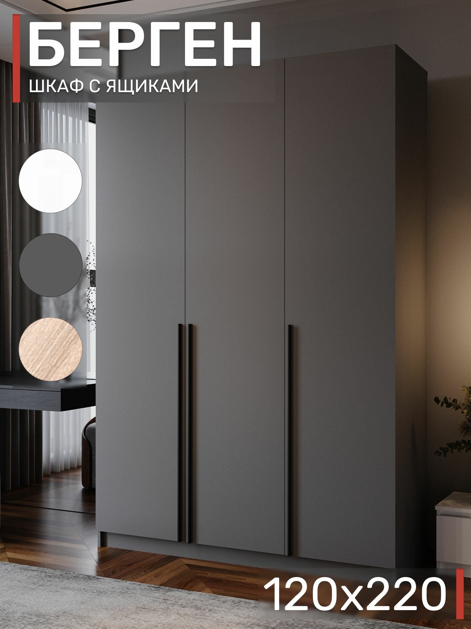 Шкаф распашной с выдвижными ящиками, Берген ШК-1200, Графит