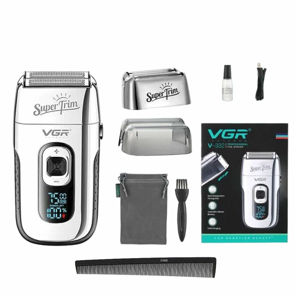 Профессиональная электробритва-шейвер для сухого и влажного бритья / V 332 серебро