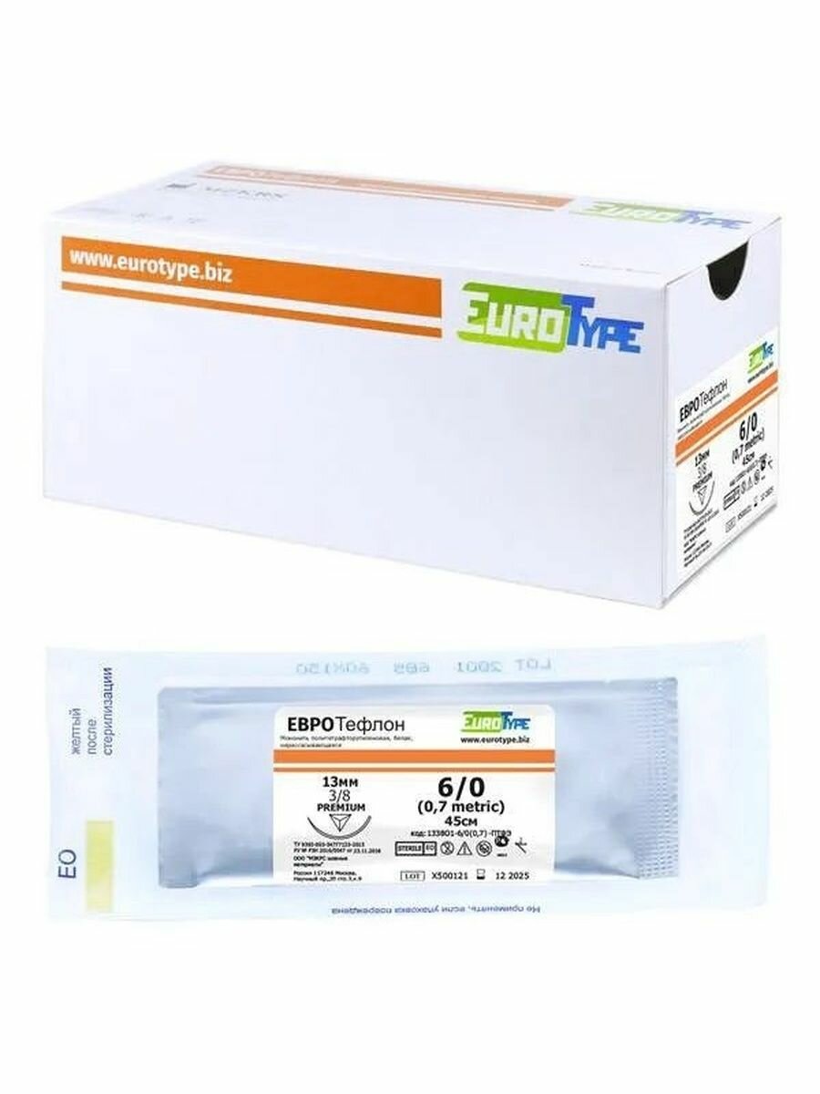Евротефлон 6/0 (12шт, 45см, 13мм О/Р, 3/8) : АРТ 1338О1 6/0(0.7)45-ПТФЭ, EuroType
