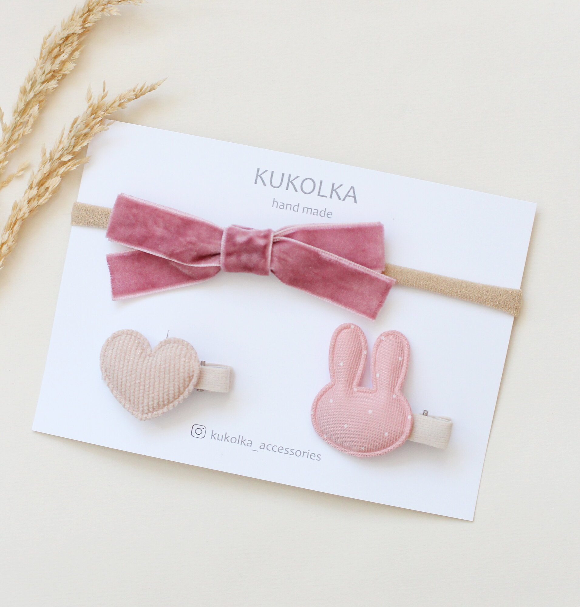 Повязка на голову для малышей, бант повязка для малышей, повязки для малышей, набор аксессуаров для малышей, ручная работа, "KUKOLKA accessories", розовый, бежевый,3 шт.