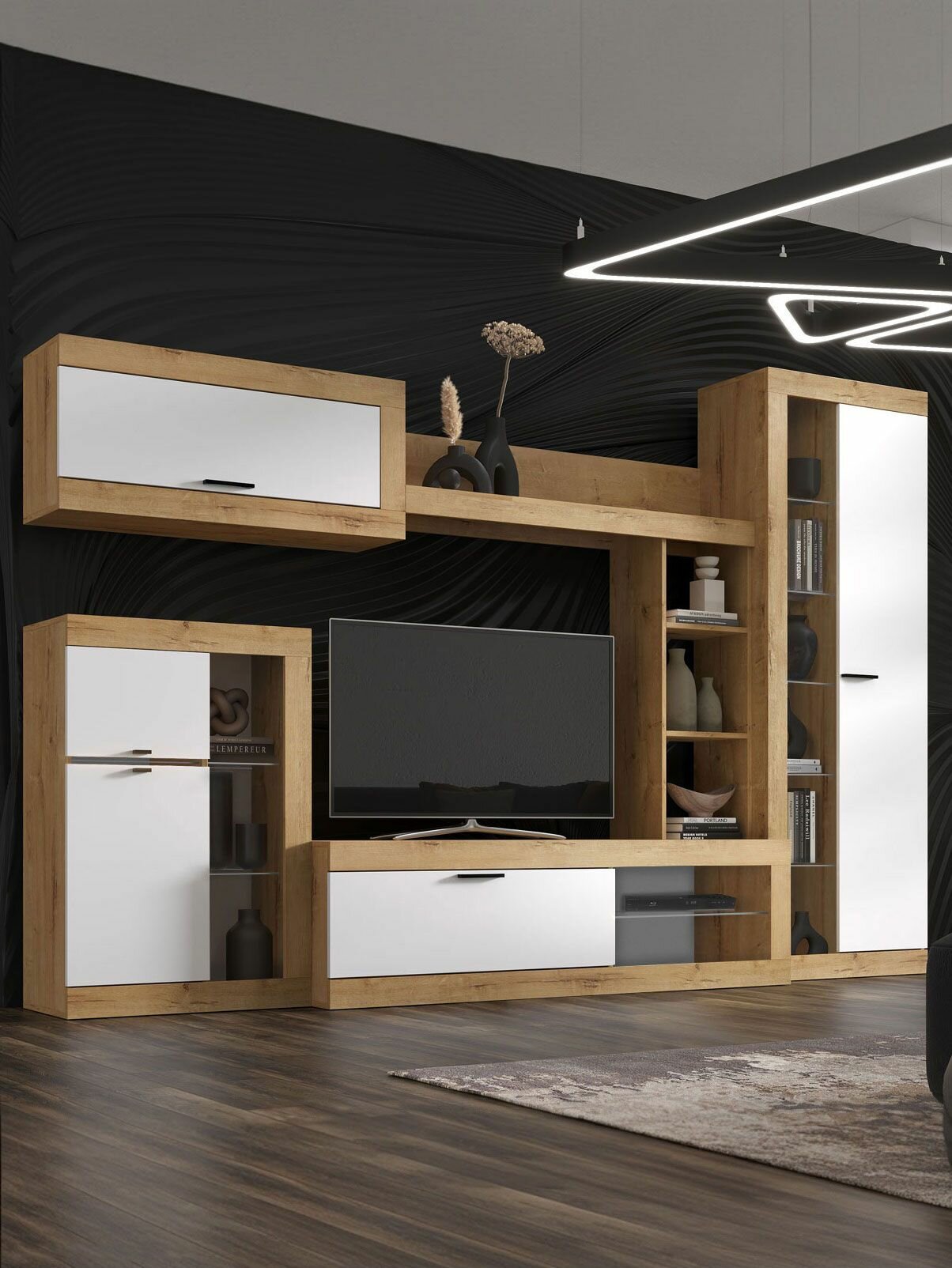 Гостиная комплект Прага, ТВ-тумба, шкафы, настенная полка, 285.2х42.6 см, Дуб Вотан / Белый гладкий Без подсветки