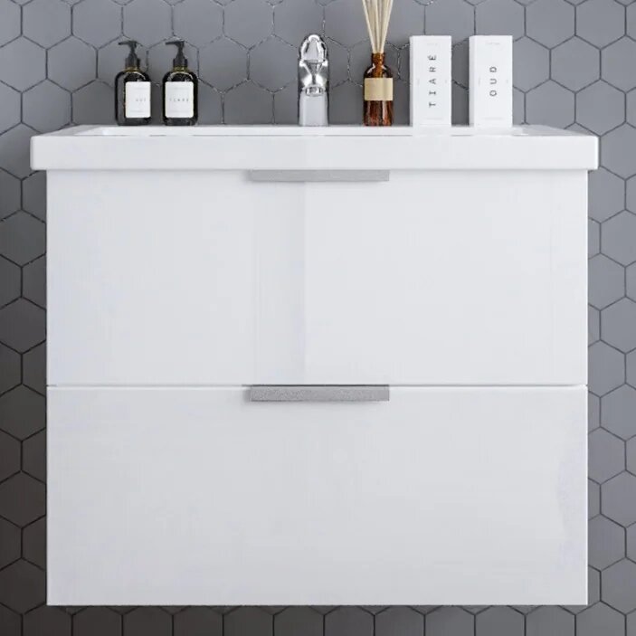 Тумба с раковиной Бриклаер Хелена подвесная, 80 см, белая, глянцевая, из ЛДСП, с ящиками, раковина для ванной фарфоровая, прямоугольная, встроенный слив-перелив