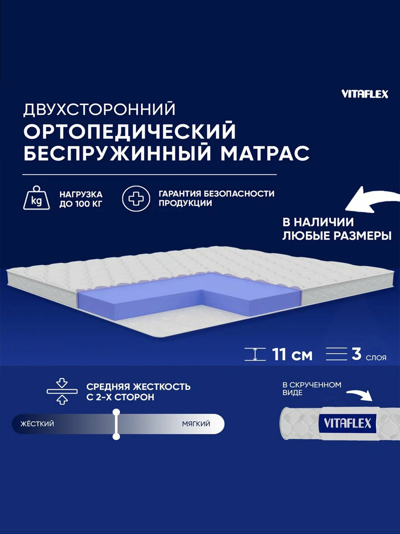 Матрас беспружинный 120х180 Vitaflex Soft Tricot 10Sk, ортопедический, двуспальный, средняя жесткость, в рулоне