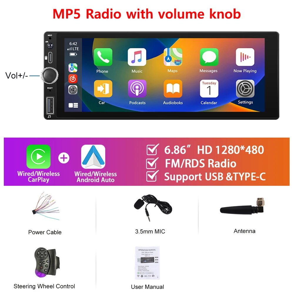 Автомагнитола Podofo, мультимедийный MP5-плеер на Android, экран 6,86 дюйма, MP5 Knob