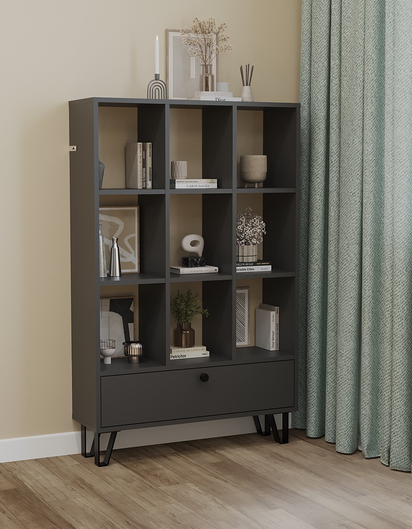 Стеллаж Volodin&Co, ЛДСП, для книг и игрушек, откидная секция, графит/серый