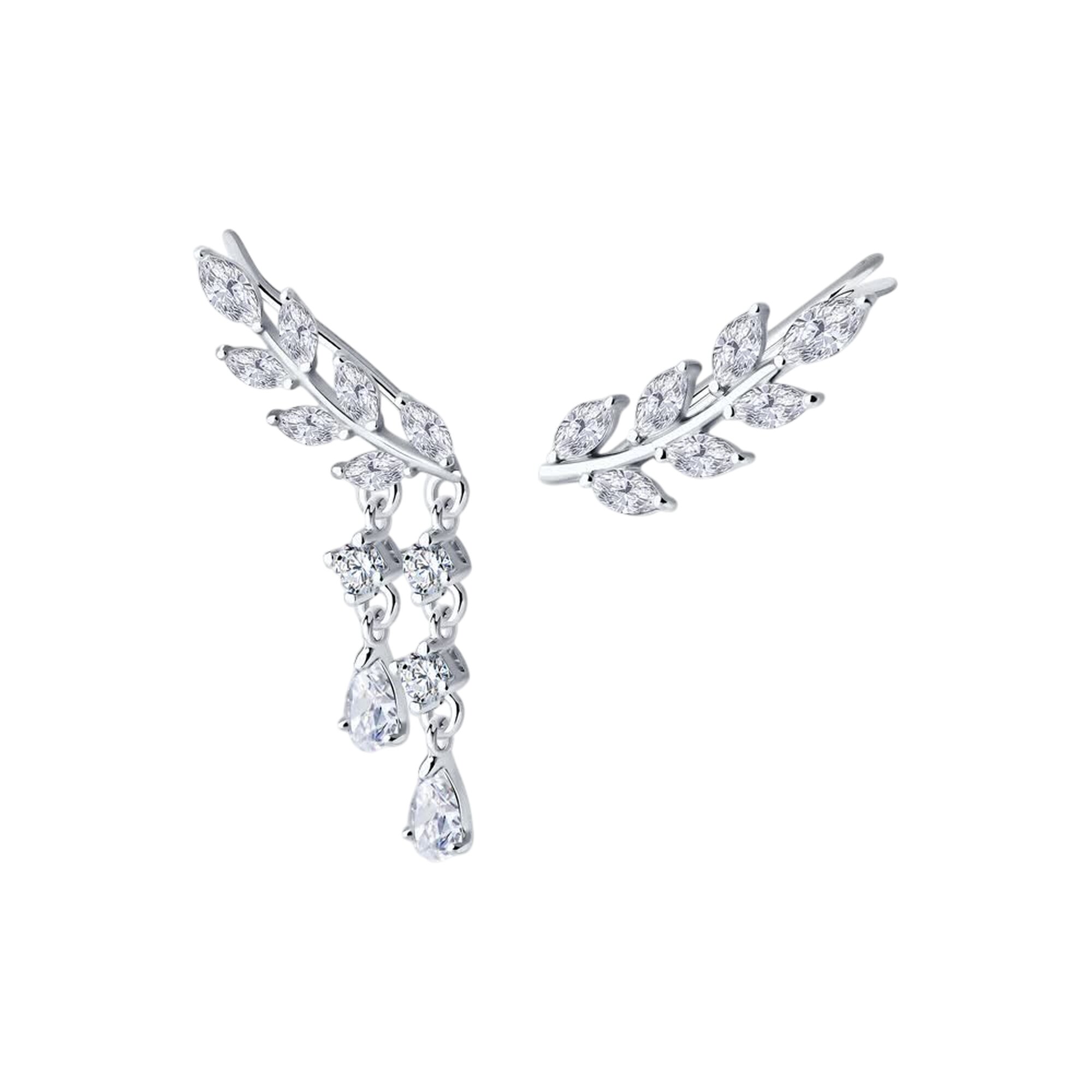 Серьги с подвесками, непарные, серебро, 925 проба, родирование, фианит