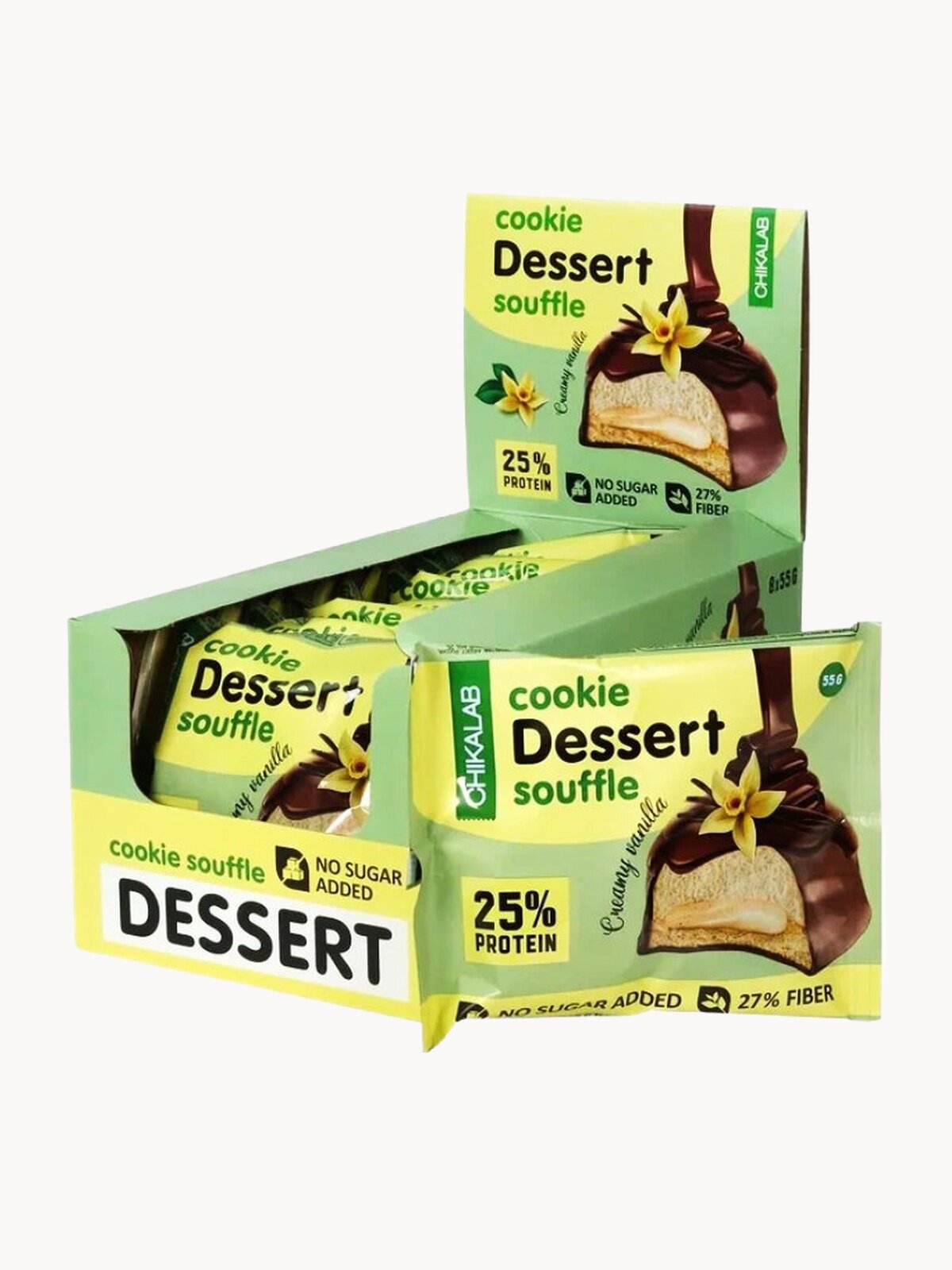 CHIKALAB Протеиновое печенье с суфле в шоколаде без сахара "Ваниль", 8шт х 55г