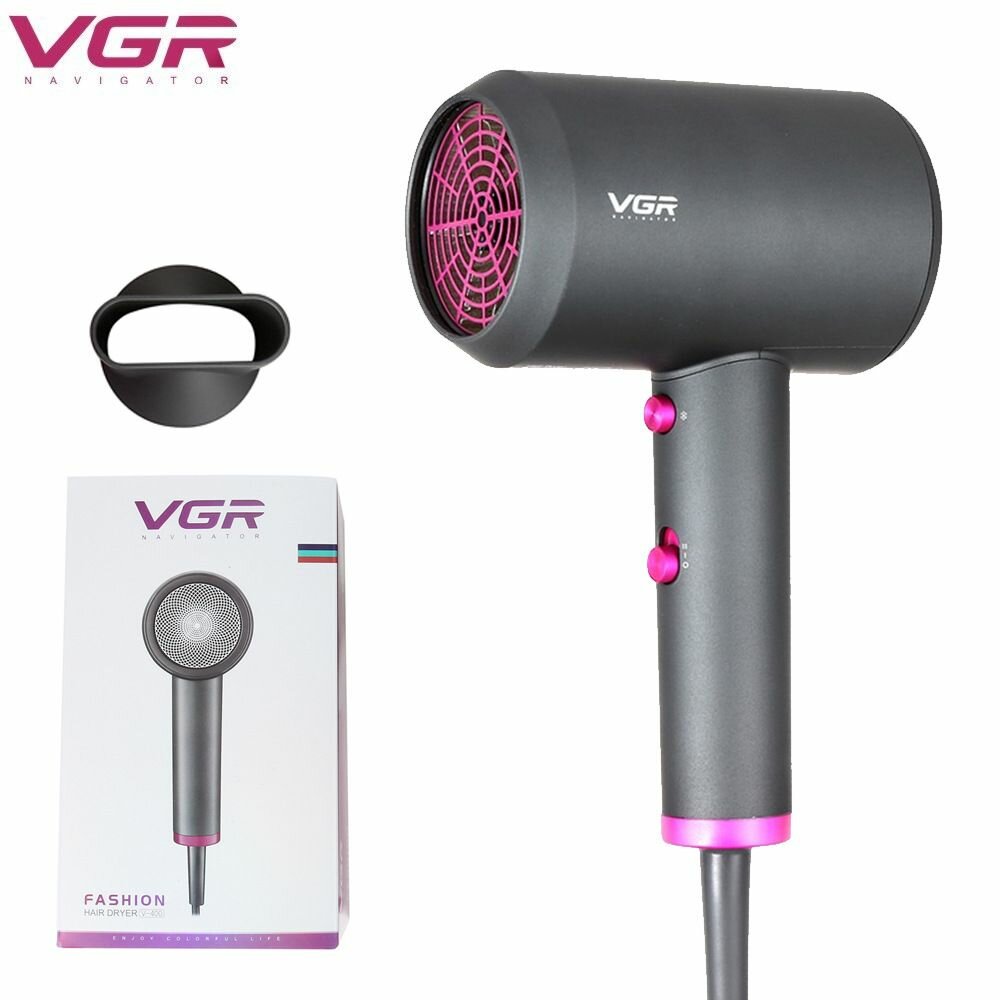 VGR Фен для волос VGR400 парикмахерские инструменты бытовой 2000 Вт, скоростей 3, кол-во насадок 1, красный