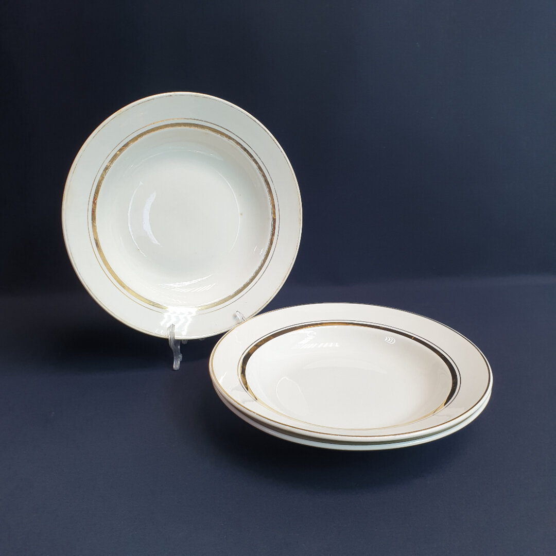 Набор суповых тарелок 3 шт, ЗИК Конакова, фаянс, позолота. Винтаж, СССР.