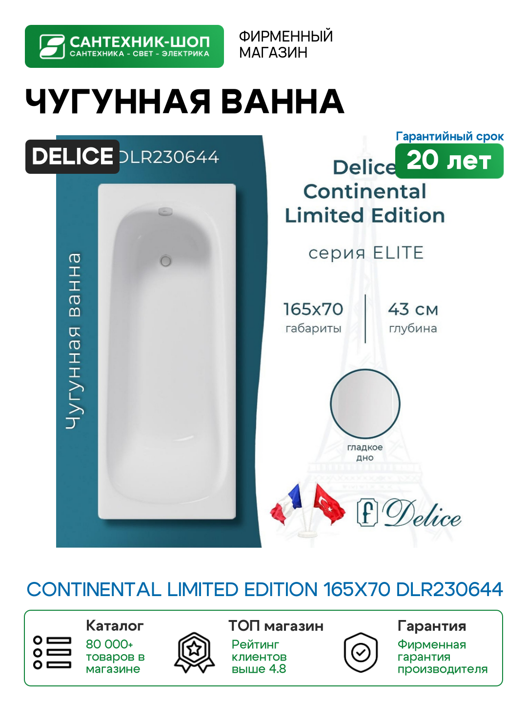 Чугунная ванна Delice Continental Limited Edition 165x70 DLR230644 без отверстий под ручки и антискользящего покрытия