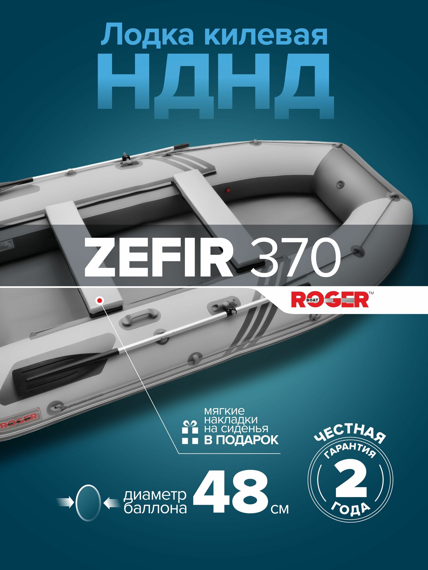 Лодка ПВХ под мотор ROGER Zefir 370, надувная для рыбалки роджер НДНД с ковриком призма (серый-графитовый)