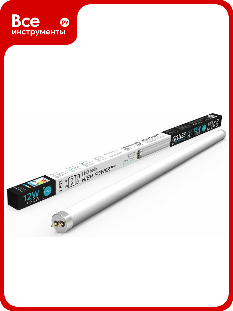 Лампа Gauss Elementary T8, 12W, 1000lm, 4000K, G13, 600mm, стекло, LED, 1/20 93022, облегчает работу
