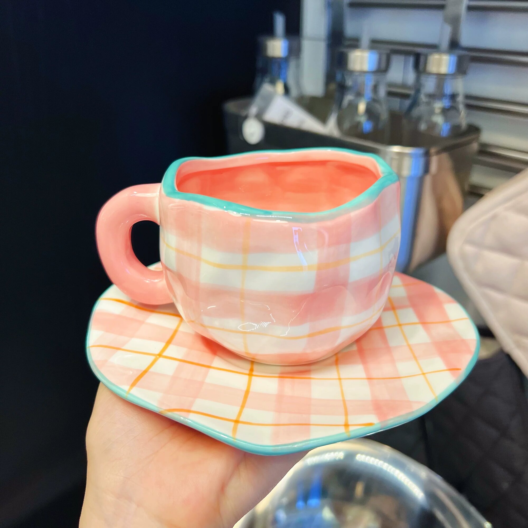 Керамическая чашка для воды в стиле Ins, с ручной отделкой, в клетчатую клетку, для послеобеденного чаепития,
