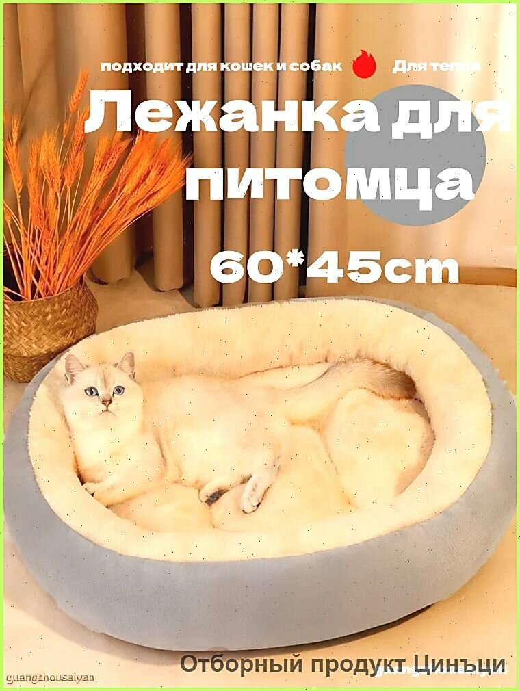 Кошачья лежанка, ортопедическая, овальная, премиум-класс, мягкий плюш, 60 см х 48 см х 17 см