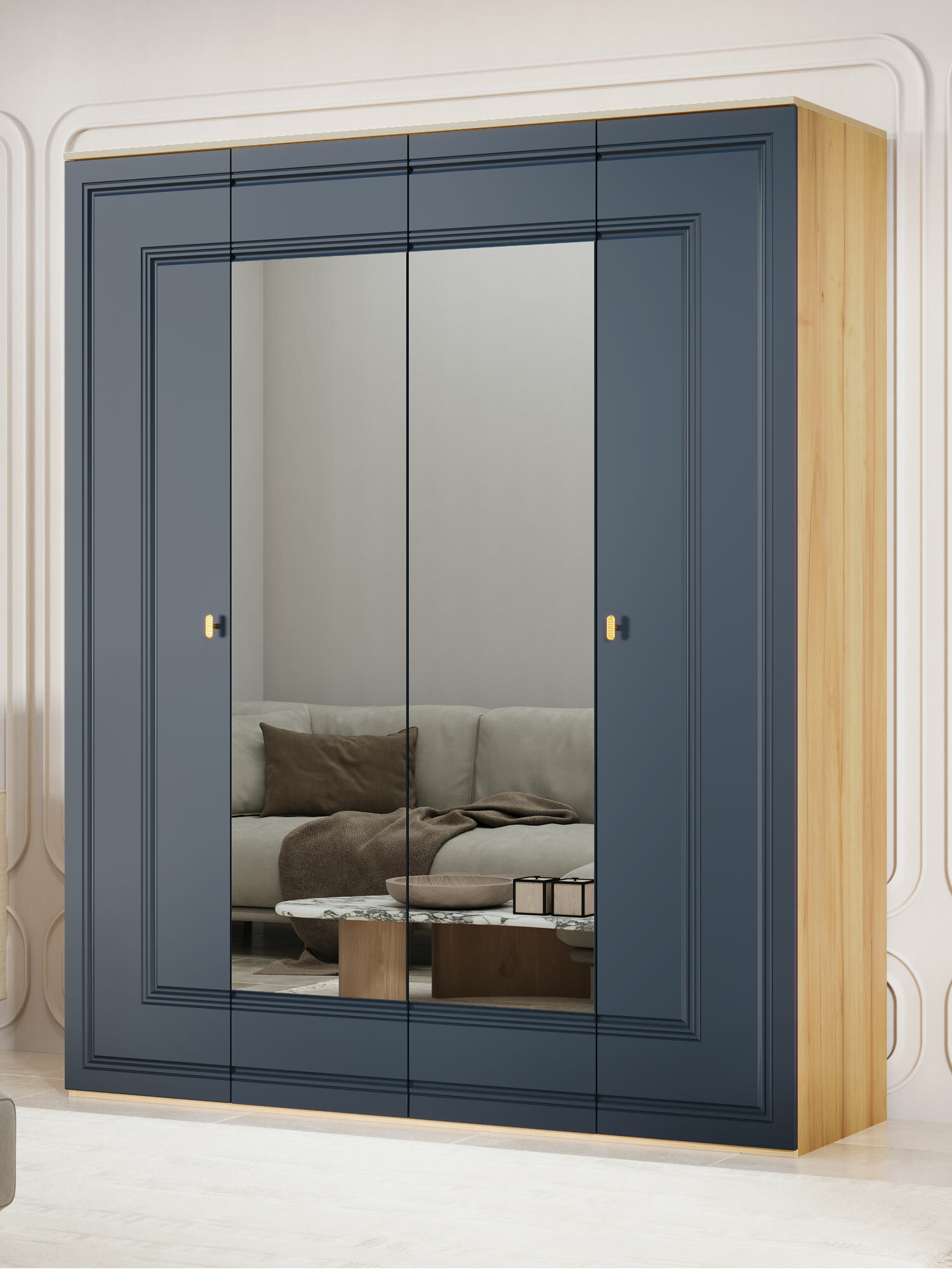 Распашной шкаф для одежды и хранения вещей Вега Сапфир с полками, со штангой, с зеркалом 179.8х57.4х221.6 см, Дуб золотистый / Темно-синий софт