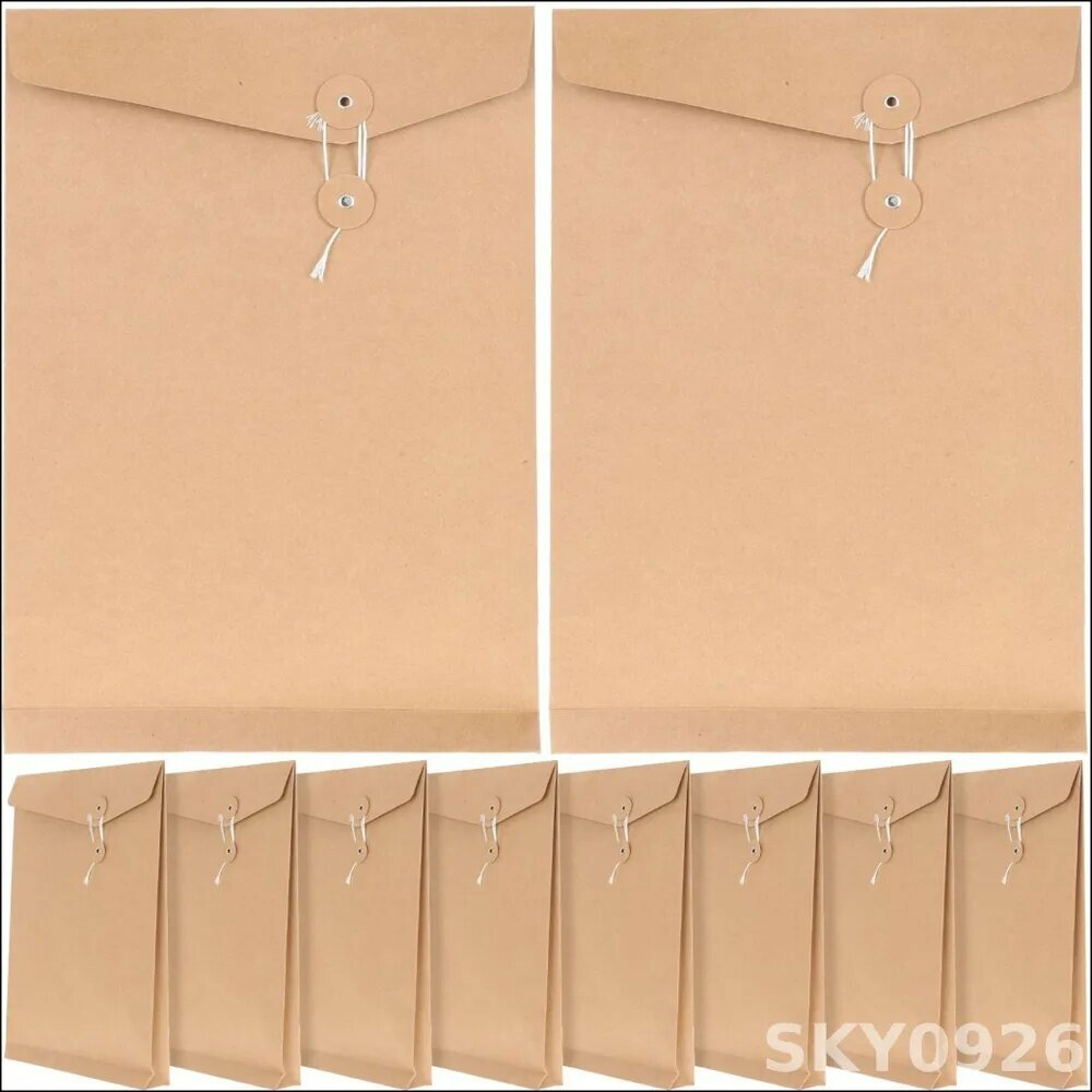 Конверты из крафт-бумаги светло-коричневые с завязкой для хранения документов 10 шт