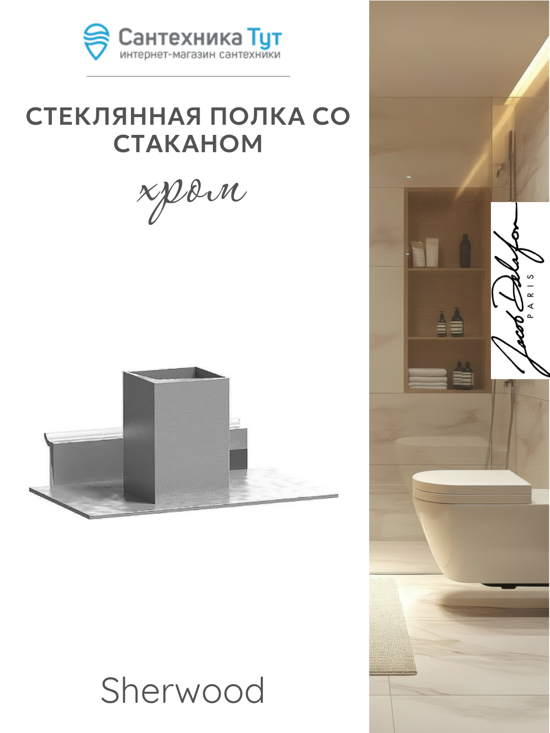 Стеклянная полка со стаканом Jacob Delafon Sherwood EB1843RU-NF Хром стекло на стену