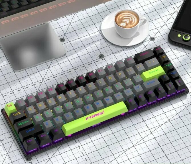 Игровая клавиатура проводная FOREV FV-Q68 Gaming RGB Русская механическая клавиатура на заказ(Проводное исполнение), Русская раскладка, черный, зеленый