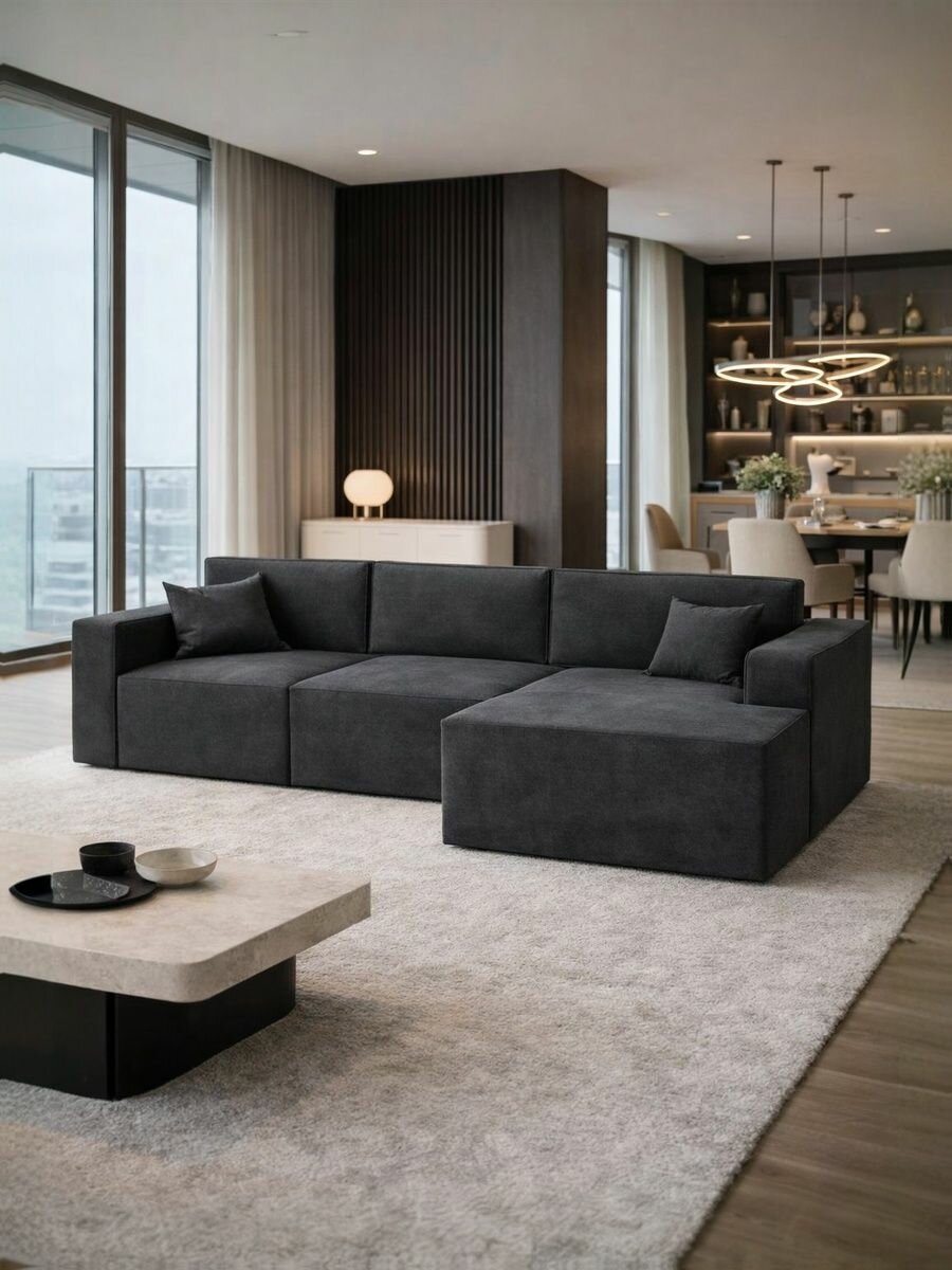 Диван угловой Камо Notte, 300 см, велюр, темно-серый, механизм раскладной, для гостинной