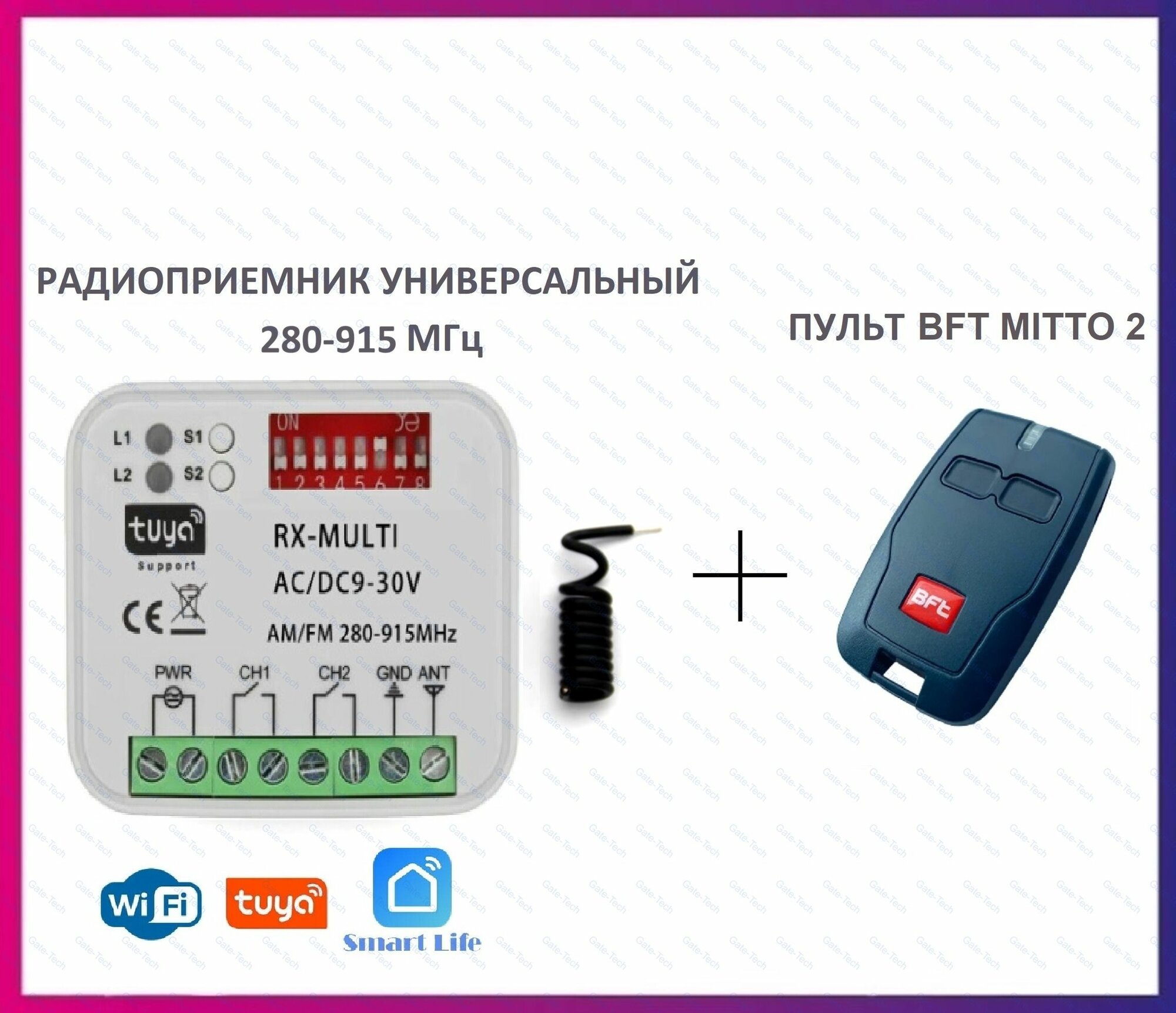 Радиоприемник внешний универсальный 2-х канальный для ворот RX-MULTI Wi-Fi Tuya Smart 300-868MHz AC/DC9-30v (мультичастотный) + пульт BFT Mitto 2 для автоматики ворот и шлагбаумов / брелок Бфт