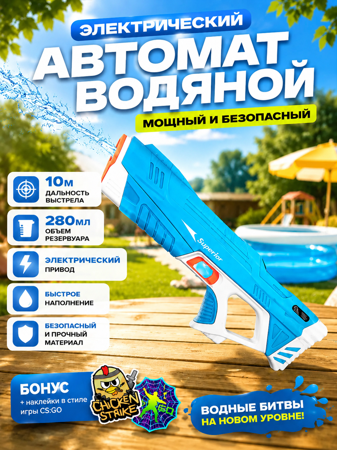 Водный пистолет электрический на аккумуляторе, голубой бластер с автоматическим набором воды, подарок наклейки