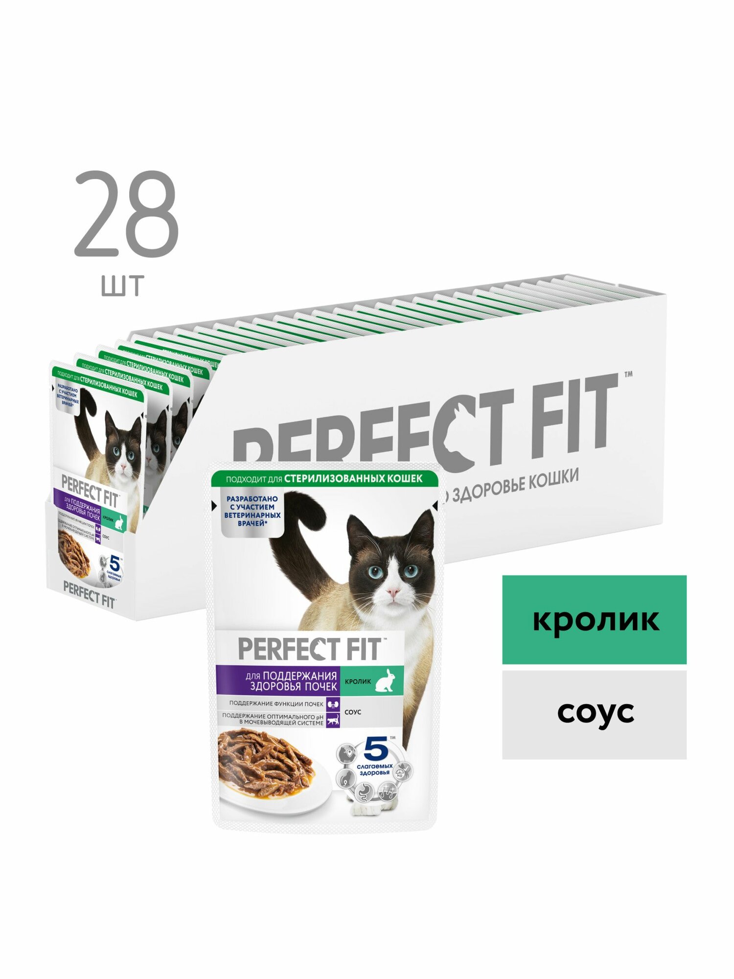 Влажный корм для кошек Perfect Fit для почек, полнорационный, кролик в соусе, 28 шт по 75 г